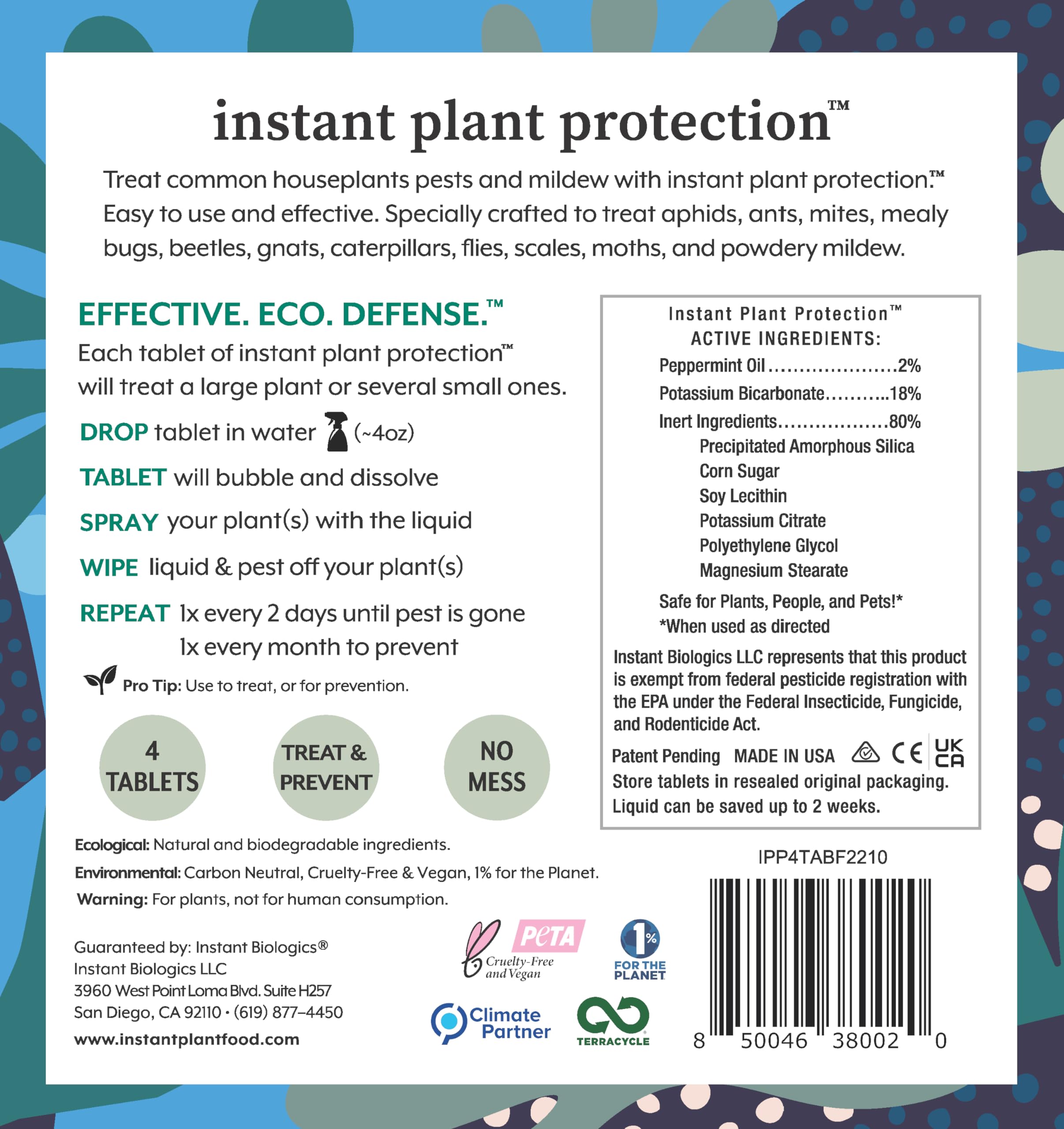 Instant Plant Protection (4Tablets) Self-Dissolving Tablets | Peppermint Spray for Protecting Indoor and Houseplants Against Spider Mites, Insects, and Disease