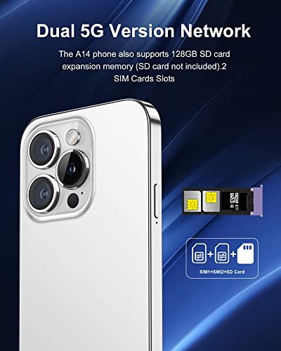 WV LeisureMaster A14 Pro Max 5G Unlocked Smartphone - 6GB+128GB Fully Unlocked Cell Phone for Android 11, 7.3" ,7300mAh, 50MP+108MP Dual Camera(White)