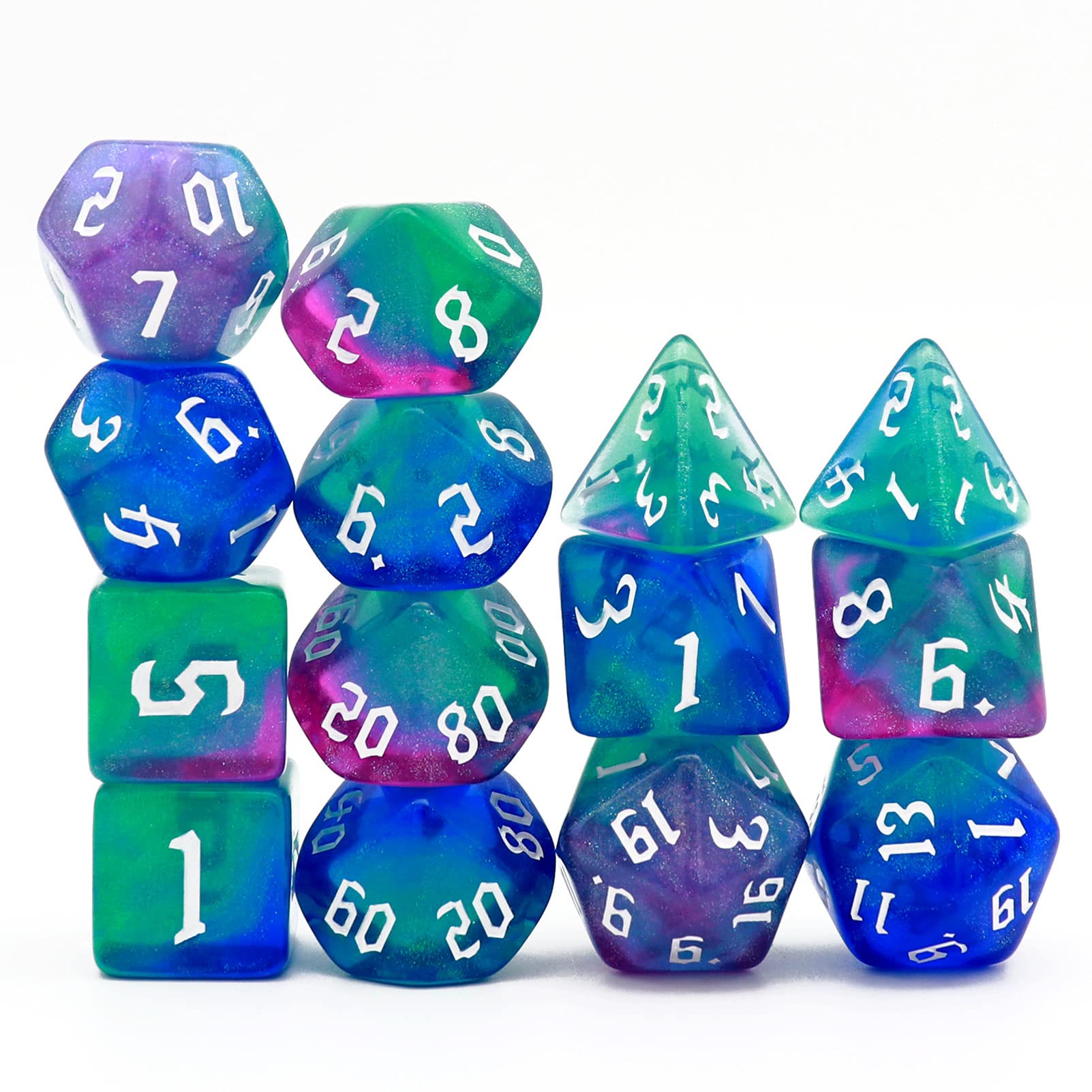 Haxtec 14PCS Glitter DND Dice Set Purple Blue Polyhedral RPG Dice for Dungeons and Dragons Gift
