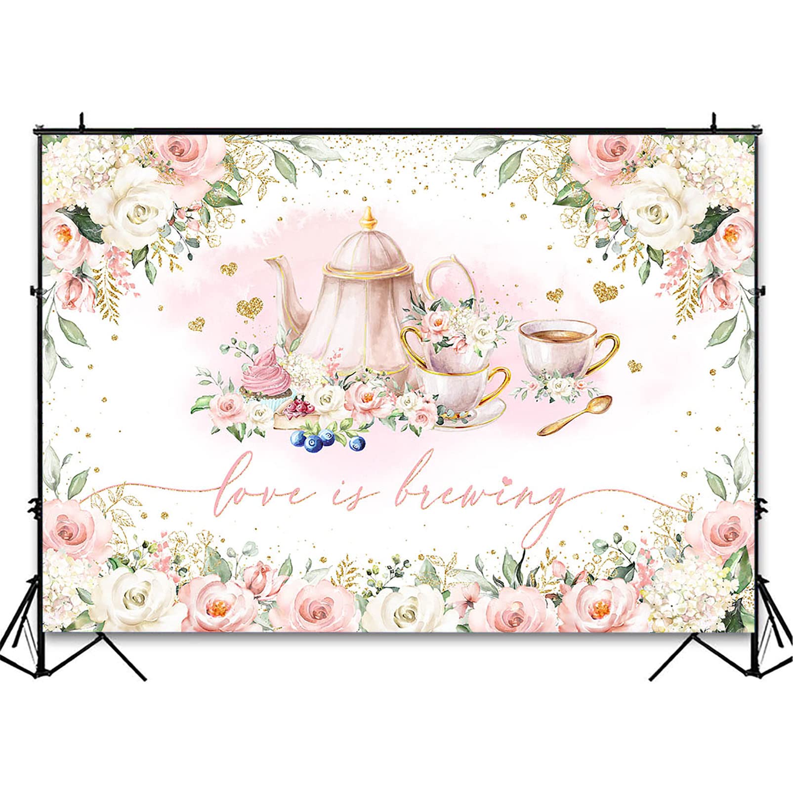 Avezano Love is Brewing Backdrop Wedding Bridal Shower Party Decorations Valentine's Tea Party Theme Photo Background Cake Table Banner (8x6ft)