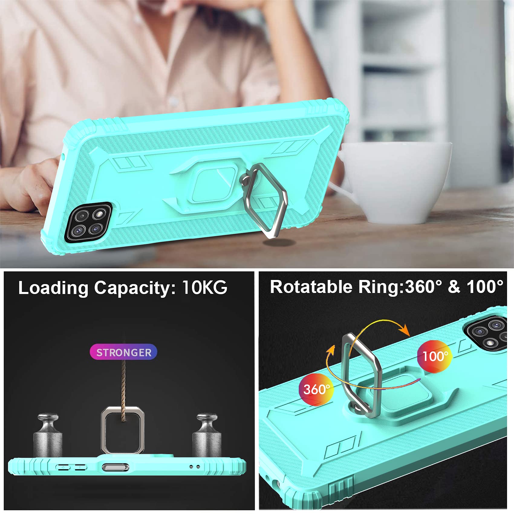 Milomdoi Case for Samsung Galaxy A22 5G with 2 Pack Screen Protector, [Not fit 4G] [Military Grade Protective ] Heavy Duty 360° Finger Ring Kickstand Cover for Samsung A22 5G Phone Case-Light Green