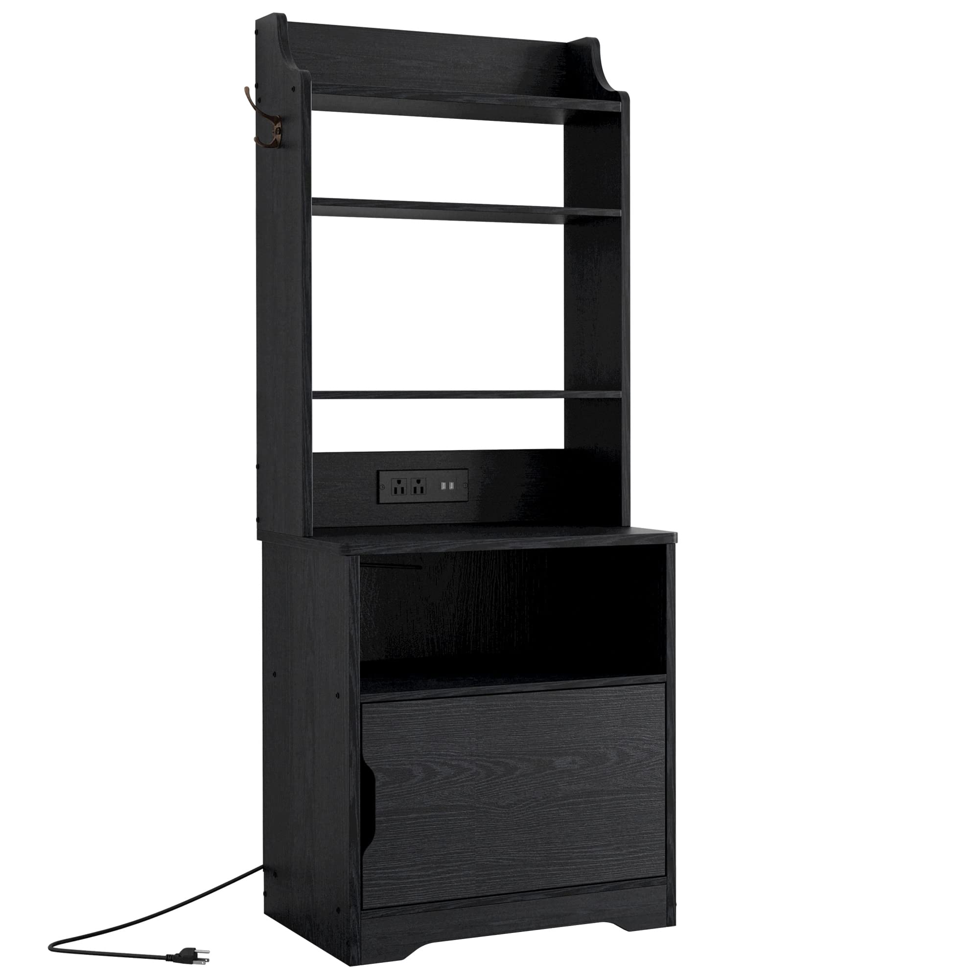 LIKIMIO Nightstand, 55" Tall End Side Table with Charging Station and Storage Cabinet, Small Bookshelf, for Living Room Office Bedroom, Vintage Black