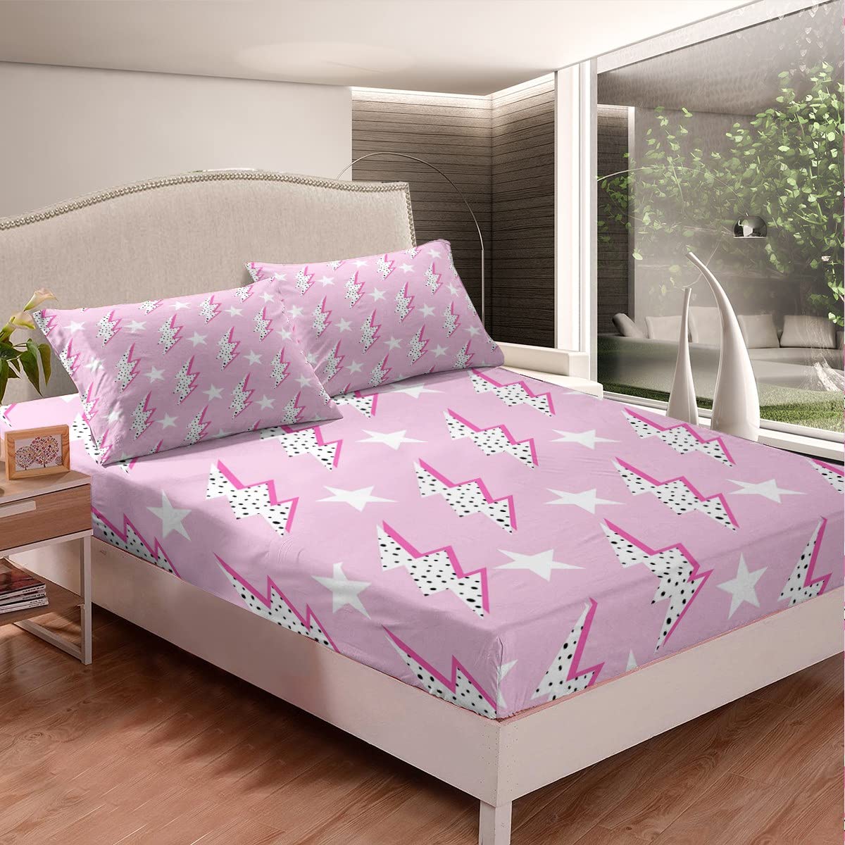 Homewish Lightning Flash Print Kids Sheet Twin Size,Boys Girls Adults Bedroom Decor,Abstract Stars Polka Dots Bedding Set,Stylish Chic Pink Romantic Bed Sheet Set 3pcs(Fitted + Flat + 1 Pillowcase)