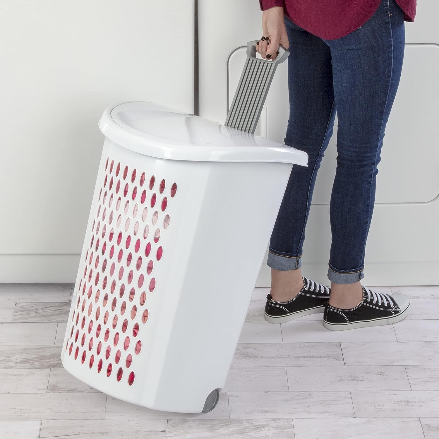 JjoiAs 135 Liter Ultra Wheeled Design Clothes Laundry Basket, Mind Reader Basket Collection,20 1/8" x 15 3/8" x 26 3/4" Capacity, Laundry Hamper White Lid & Base w/Plastic Handle & Wheels