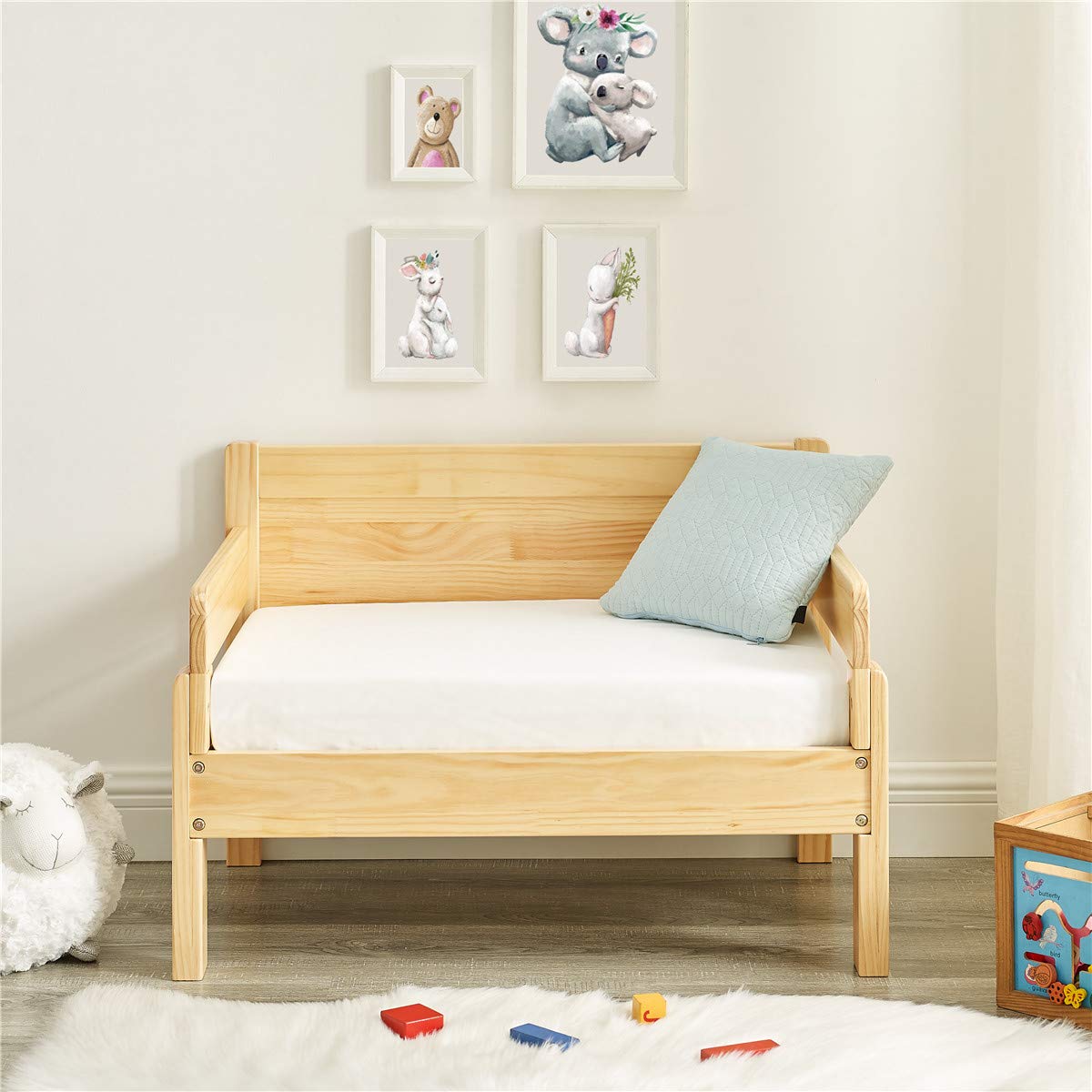 MUSEHOMEINC 2 in 1 Convertible Bed,Multifunctional Solid Wood Twin Bed 2 Side Guardrails, Bed Frame Convert to one Chair/Sofa, Fits Standard Crib Mattress,(Mattress not Included)