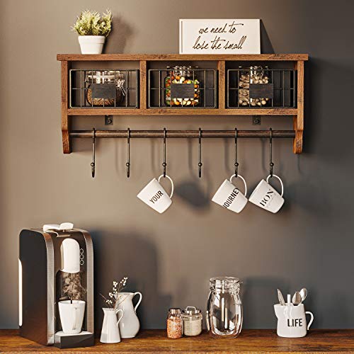 Rolanstar Wall Mounted Shelf with Hooks, Entryway Organizer Shelf with Storage Basket, Wall Mount Coat Rack with 6 Hooks, 24β Coffee Bar Hanging Shelf for Living Room,Bathroom,Kitchen,Rustic Brown