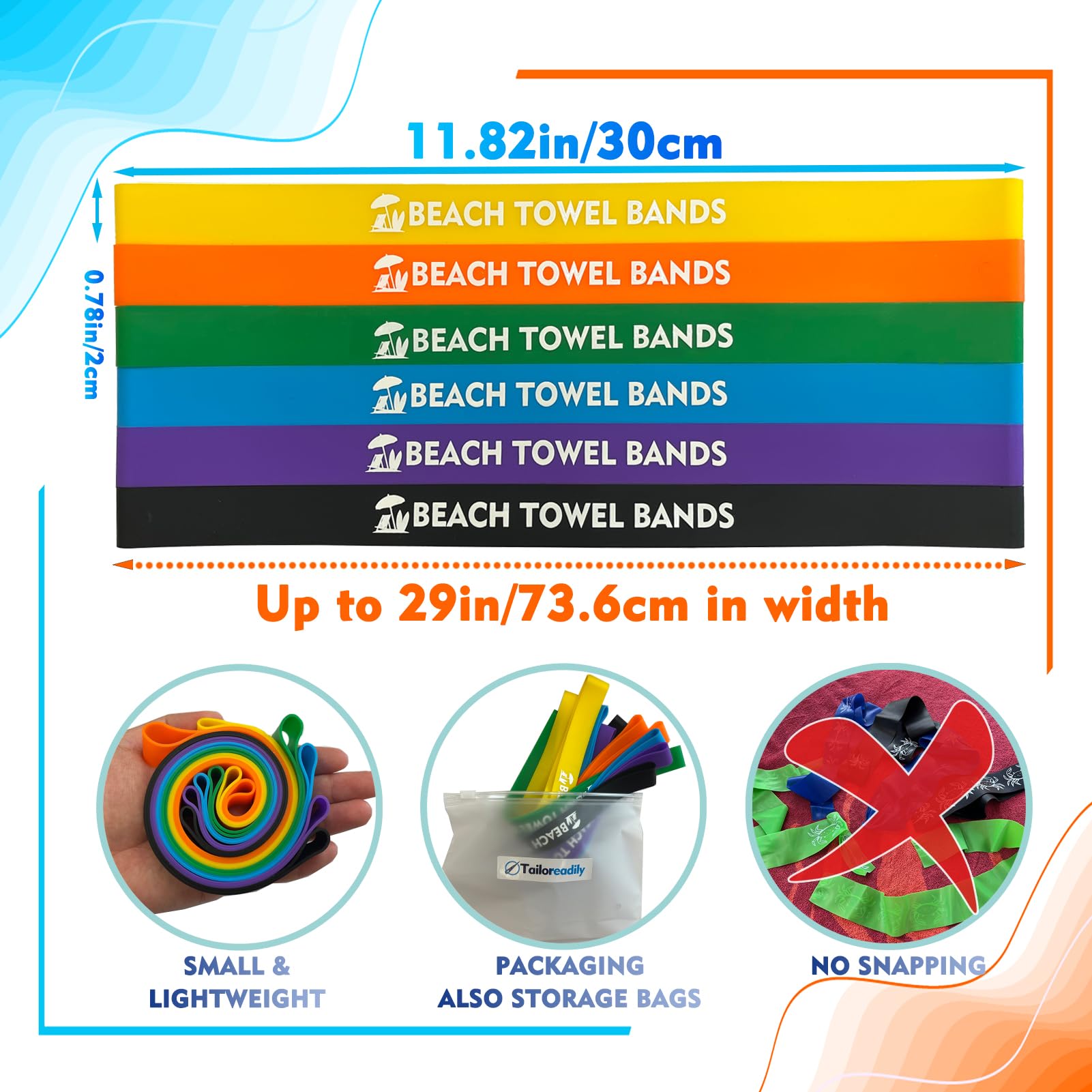 Tailoreadily 6 Pack Towel Bands, Beach Pool Cruise Chair Essentials, Keep Towel from Blowing Away, Beach Accessories for Vacation Must Haves, Great Alternative to Beach Towel Clips, Multicolor