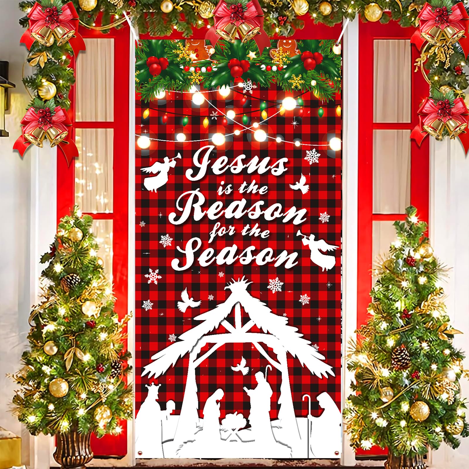 Christmas Nativity Door Cover Jesus is The Reason for The Season Christmas Door Decorations Banner Holy Religious Red Buffalo Plaid Porch Sign Backdrop Background for Xmas Holiday Party Supplies