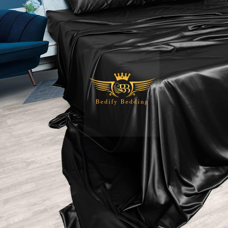 Bedify Bedding 100% Pure Silk Satin Duvet with Fitted Set 4 Pcs Silk Fitted Sheet 15" Deep Pocket Silk Duvet Cover Pillowcases Soft Silk Sheets|Wrinkle Free Fade Resistant(Black,King)