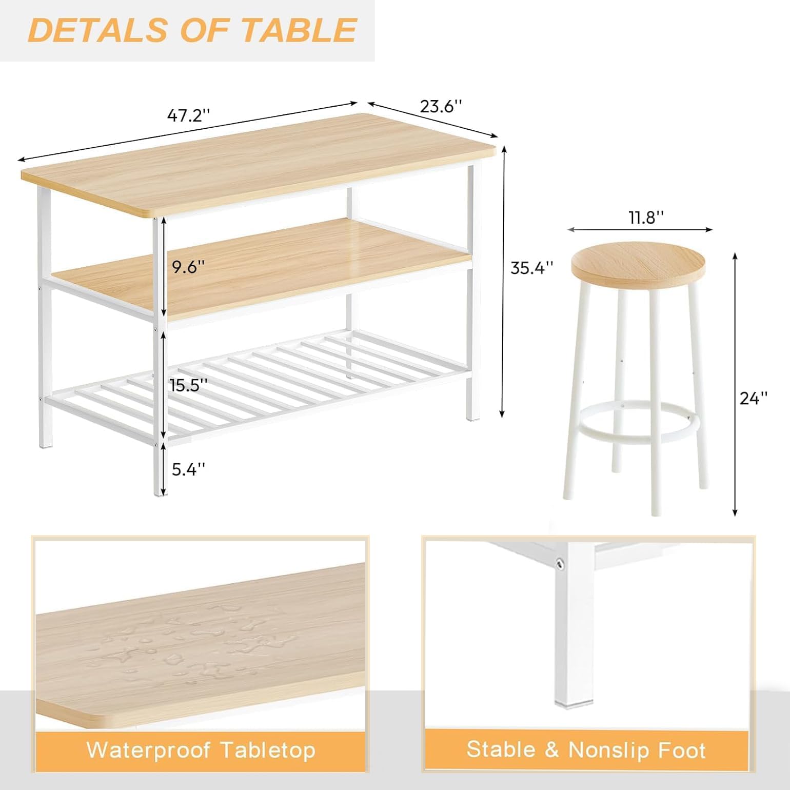 AWQM Island Table with Seating and Storage, Beige, 3 Shelves, Wooden Counter Height Table Top, 2-piece Bar Table Set for Small Space