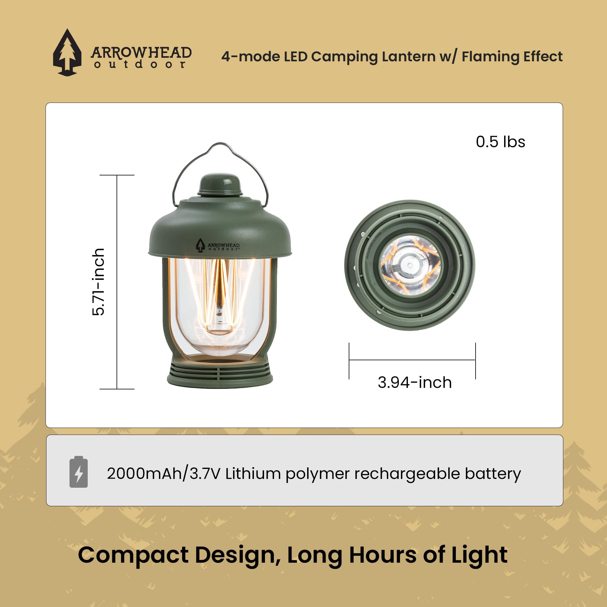 ARROWHEAD OUTDOOR 6-inch LED Camping Lantern, 4 Lighting Modes, USB-C Charging, IP6X, Max. 280 Lumens, Carabiner Included, Army Green