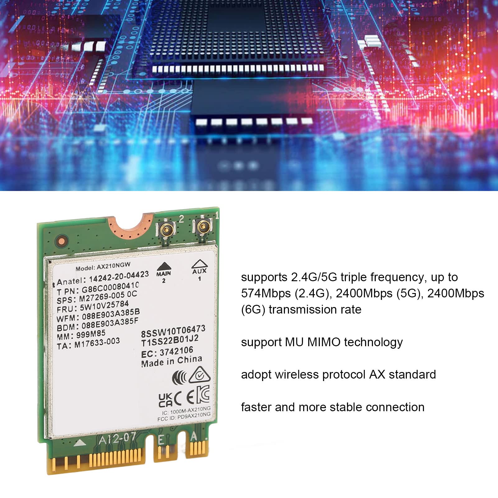 AX210NGW NGFF M2 WiFi Card, WiFi 6 5374Mbps Bluetooth 5.2 Triple Band 2.4G/5G/6G Wireless Gigabit Network Card, Supports MU MIMO for Windows 10, Linux(Above 5.1), for Chrome OS