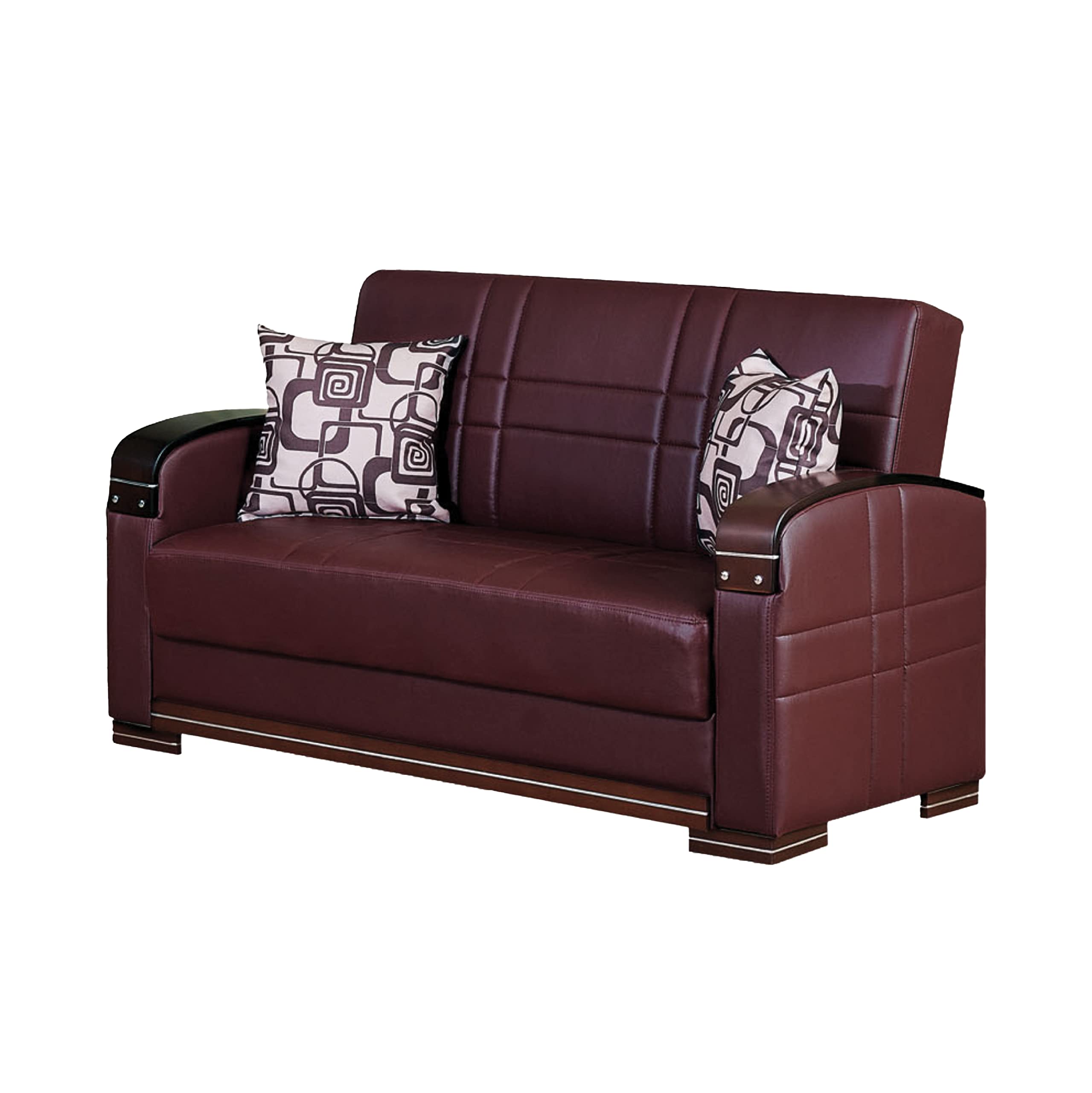 Beyan Signature Empire Furniture USA Manhattan Collection Convertible Loveseat with Storage Space, Includes 2 Pillows, Burgundy