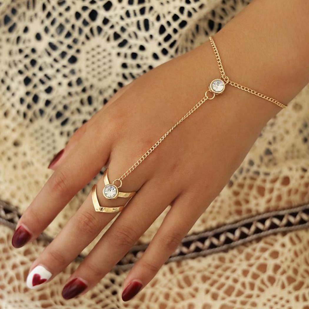 Acedre Boho Crystal Bracelets Gold Hand Harness Bangle Finger Rings Hand Accessories for Women
