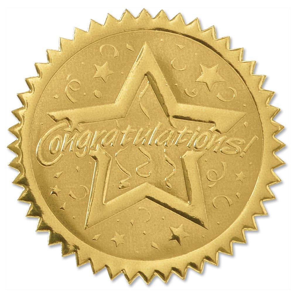 PaperDirect Congratulations 5-Point Star Embossed Gold Foil Certificate Seals, 2 Inch, Self Adhesive, 100 Count, Embossed Seals for Certificates, Achievement Award Stickers for School, Work, Diploma