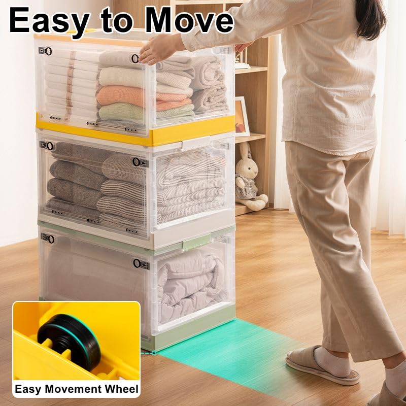 Collapsible Storage Bins with Lids, 50QT Stackable Closet Organizer, 3 Pack Foldable Storage Box with Front and Back Open Doors, Clear Bins for Home, Dorm, Office, Trunk, Wardrobe