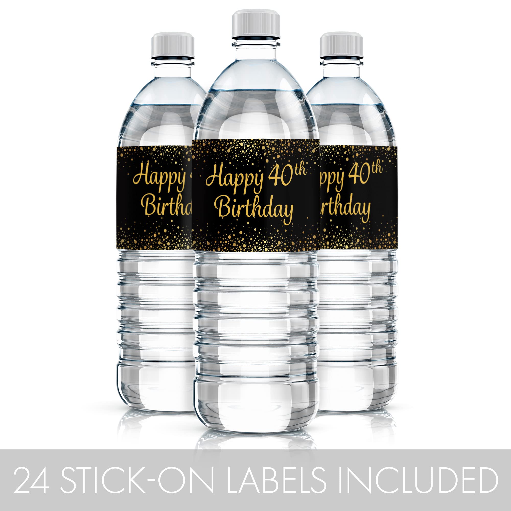Black and Gold 40th Birthday Party Water Bottle Labels - 24 Stickers
