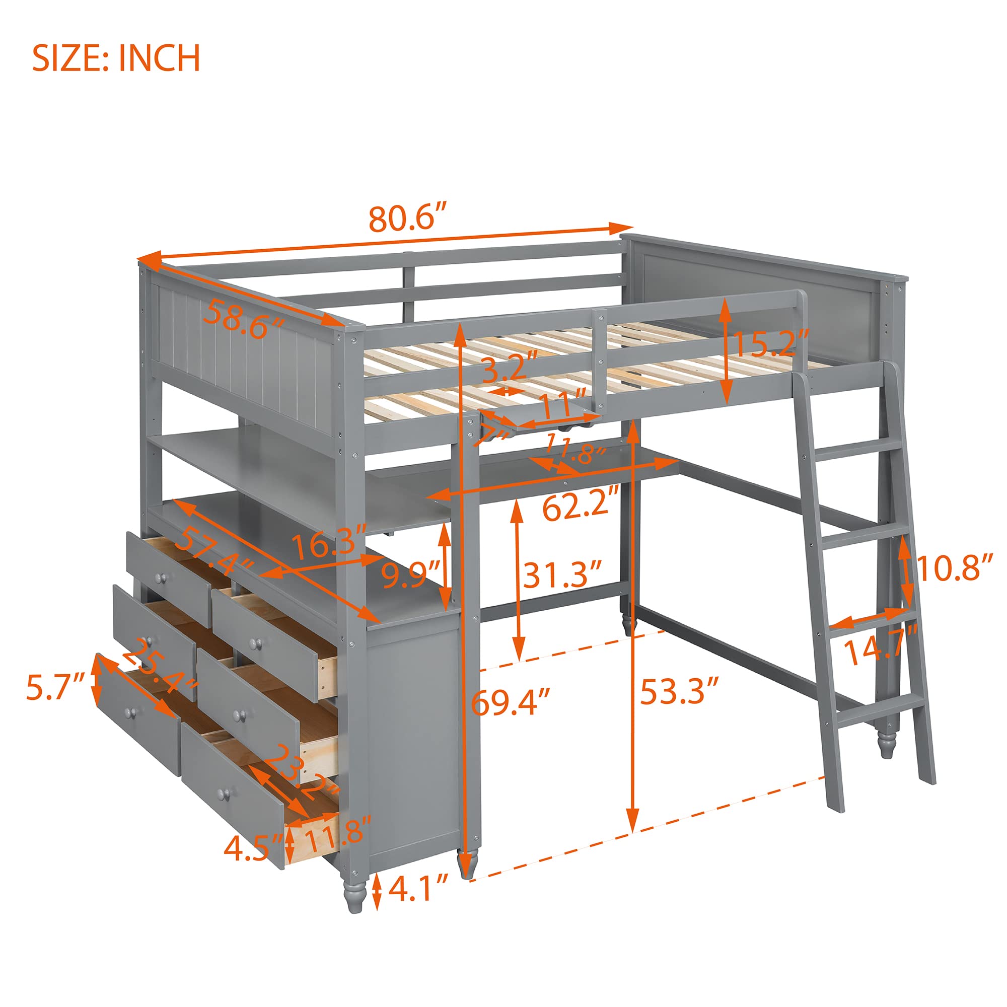 Bellemave Full Size Loft Bed with Desk & Storage Drawers Wood Loft Bed Frame with Ladder for Kids Adults Boys Girls Teens, Gray