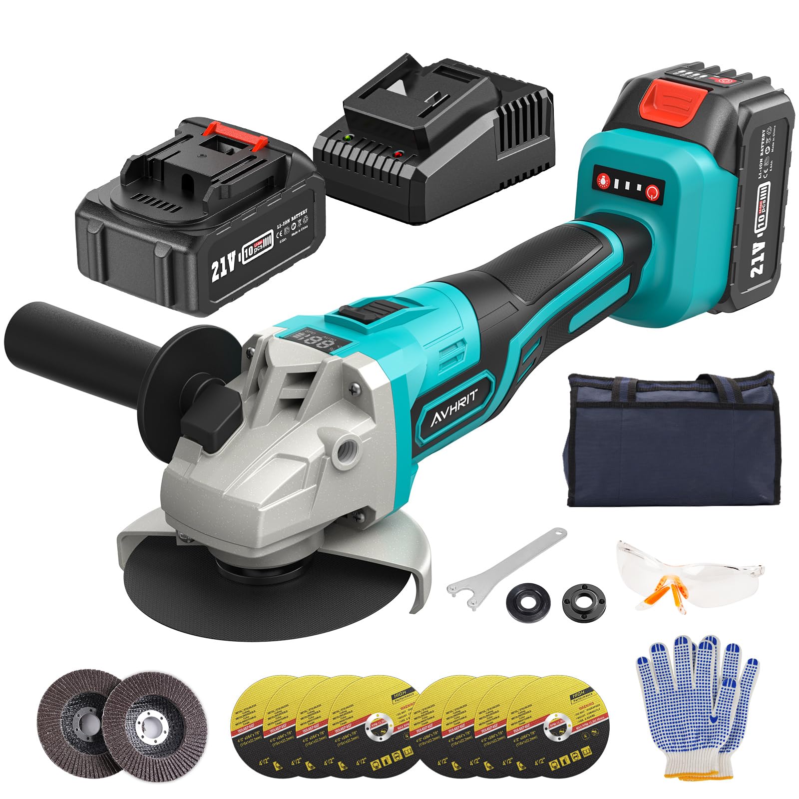 Avhrit Cordless Angle Grinder, 21V Power Angle Grinder Tools with 4.0Ah Battery & Fast Charger, 9000 RPM Brushless Motor Metal Grinder, 4-1/2'' Cutting Wheels, Flap Disc for Cutting, Grinding
