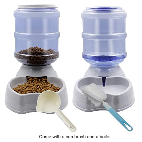 Zcaukya Automatic Cat Feeder and Water Dispenser Set, 1 Gal x 2 Gravity Dog Water Fountain Pet Food Feeder (Grey)