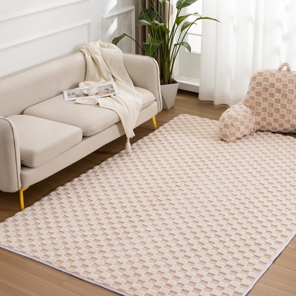 Aimuan Checkered Print Area Rug Cute Checkerboard Rugs Soft Shaggy Carpets Back Non-Slip Mat for Kids Bedroom Living Room Nursery Home Decor (Beige,3x5 Feet)