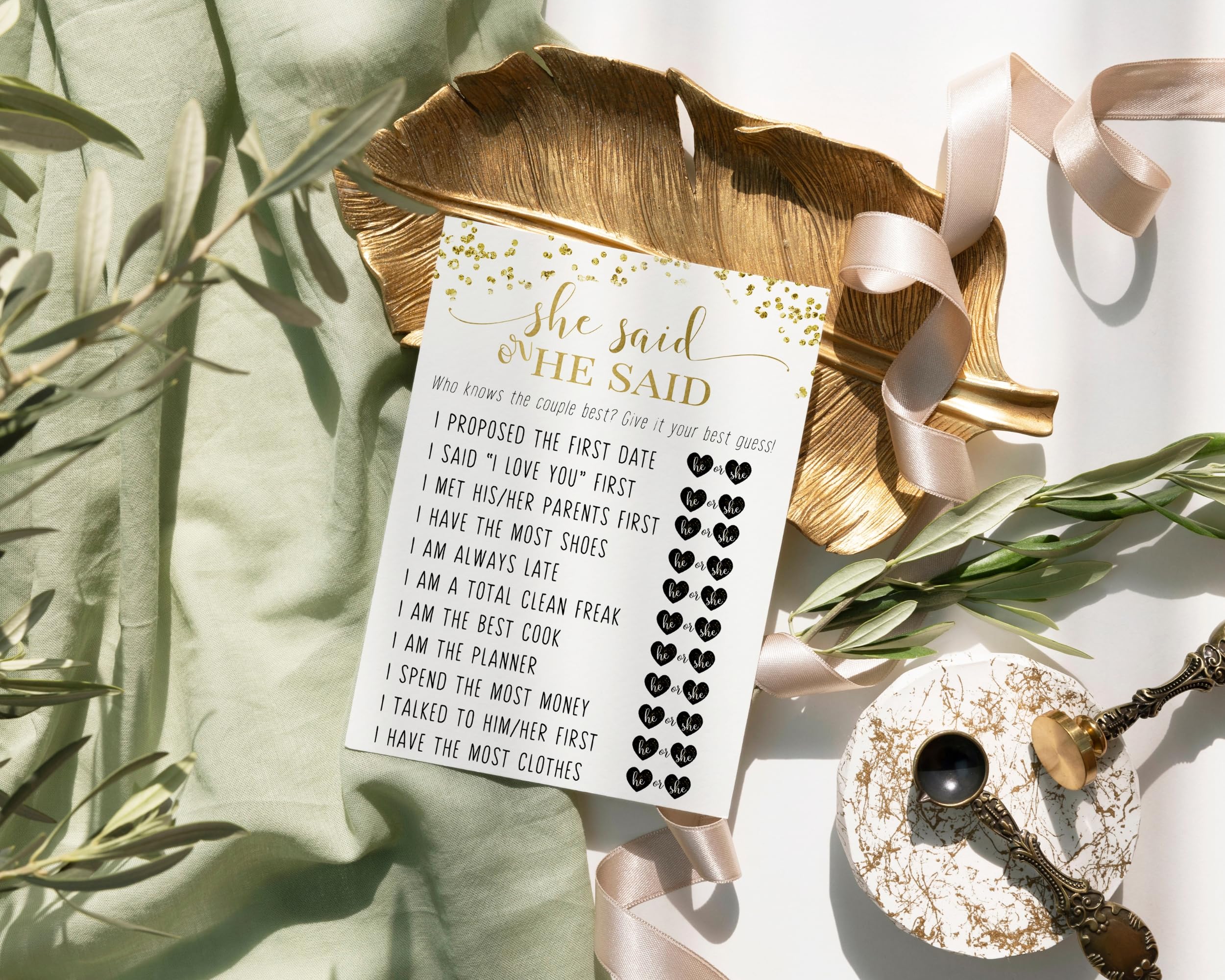Black and Gold Bridal Shower Game He or She Said β 25 Pack, Couples Wedding Engagement Party Games, Reception Decor and Ideas, Fun Bridal Shower Guest Activities
