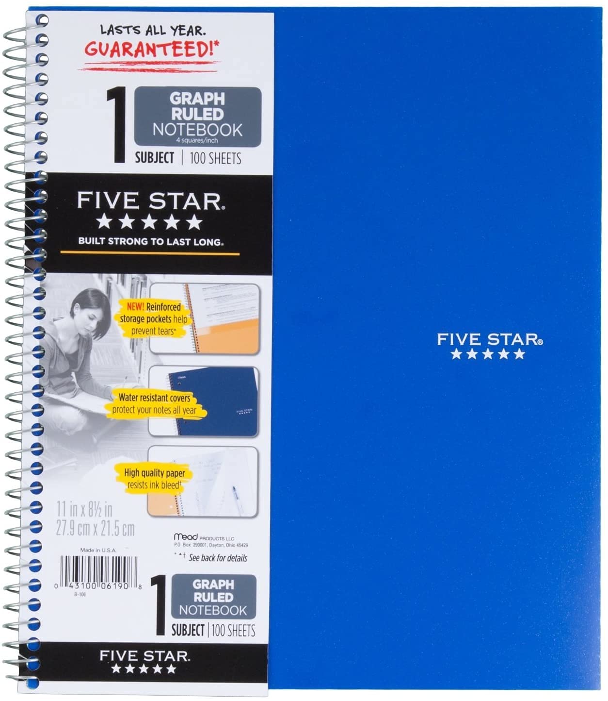 Five Star Spiral Notebook, Graph Ruled, 1 Subject, 8.5 x 11 Inches, 100 Sheets, Assorted Colors (06190), Pack Of 6
