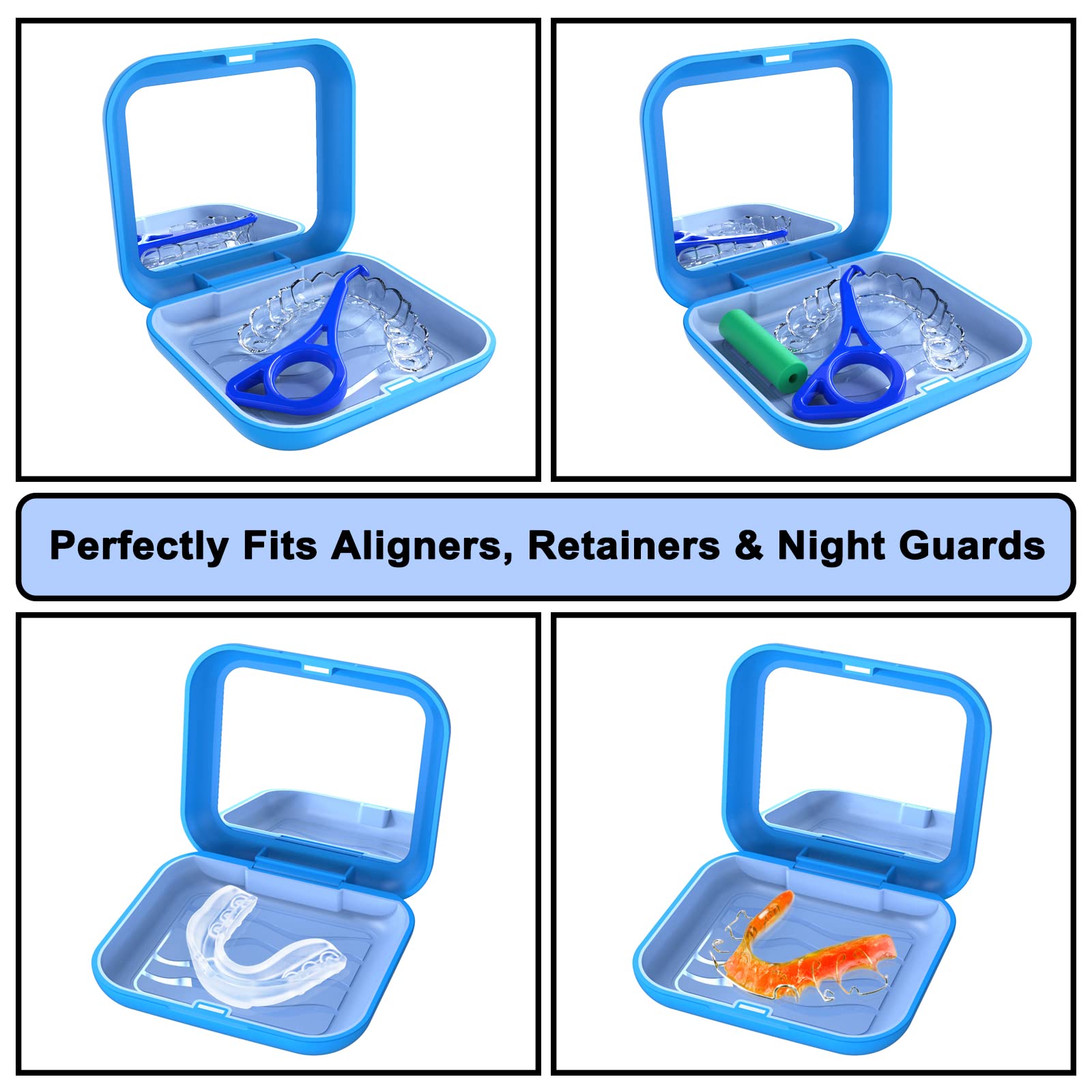 Aligner Case with Mirror and Aligner Removal Tool- Compatible with Invisalign, Aligners, and Mouth Guards, Premium Retainer Case with Magnetic Closure and Textured Liner- Easy to Use (Blue)