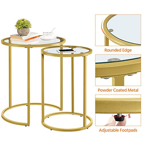 Yaheetech Round Nesting Side Table Stacking Coffee Table, Set of 2 Circular Modern End Tables w/Metal Frame & Tempered Glass Top & Protective Foot Pads for Small Space Living Room Bedroom Office