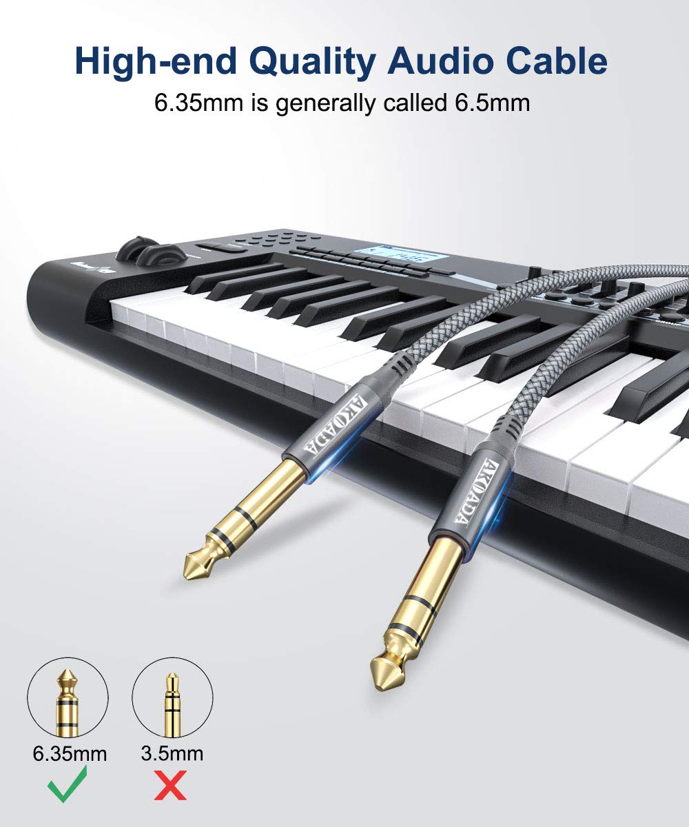 AkoaDa Instrument Cable 10FT 6.35mm(1/4) TRS to 6.35mm (1/4) TRS Balanced Stereo Audio Adapter Male to Male Nylon Braid Cable,Support, Bass,Audio Mixers,Speaker,Amplifier etc,Single(Grey)