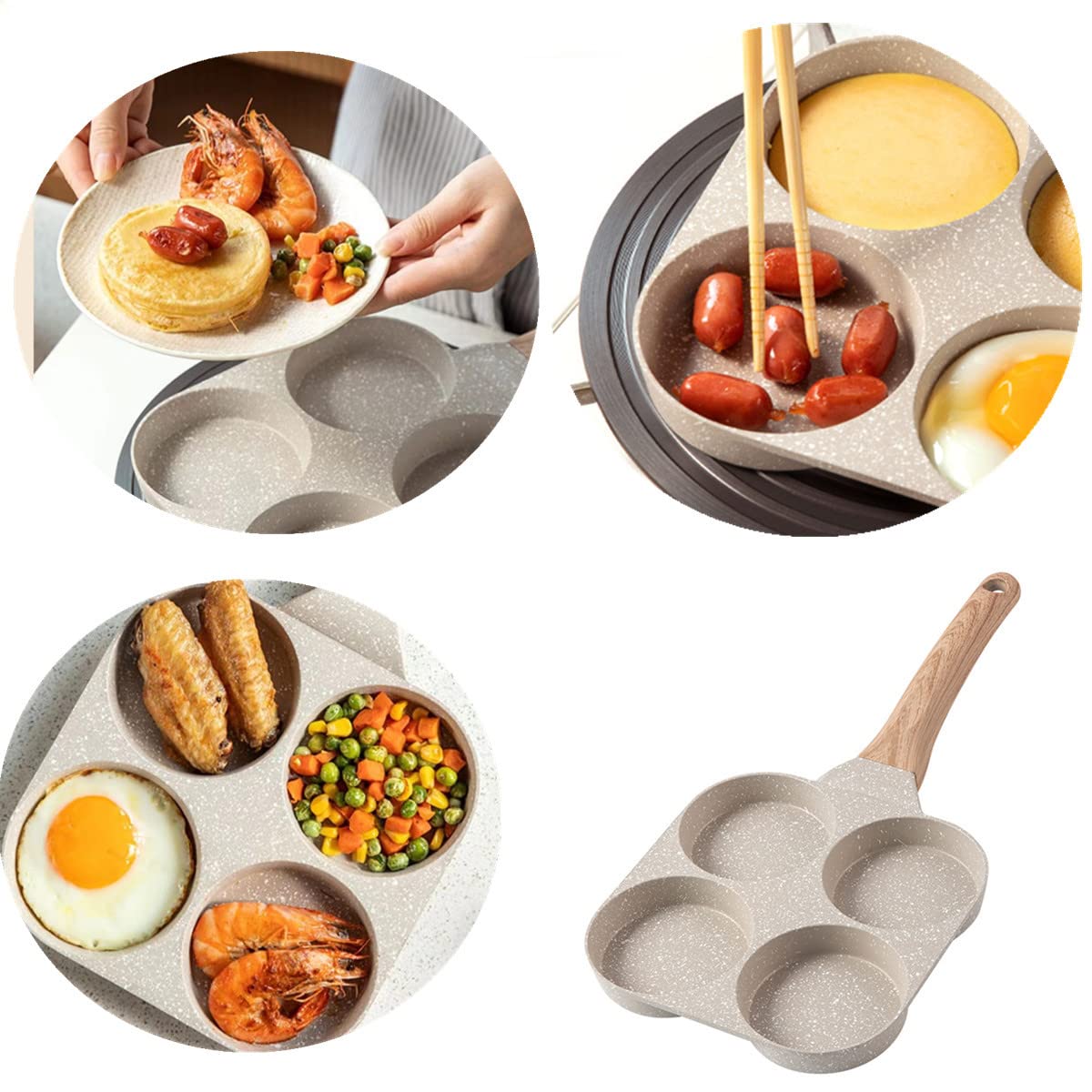 Beetoo Four-Cup Fried Egg Pan, Medical Stone Non stick CoatingFrying Pan, Aluminum Cooker with Brush, Multi Egg Frying Pan for Burger, Omelet, Outdoor Camping