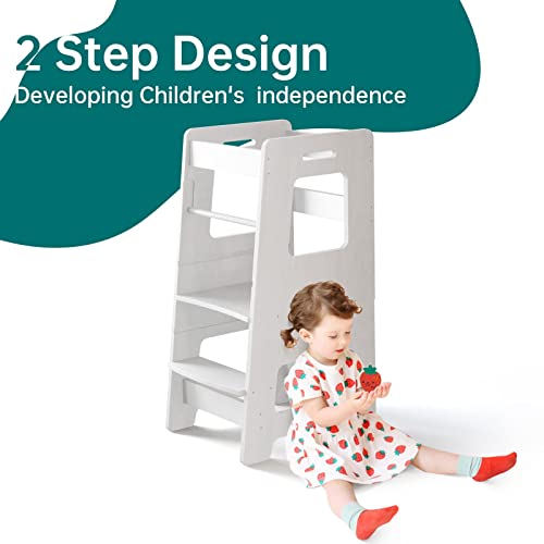 Kitchen Step Stool, WOOD CITY Toddler Kitchen Stool Helper with Safety Rail, Height Adjustable Child Standing Tower Learning Stool for Kitchen Counter and Bathroom Sink (White)