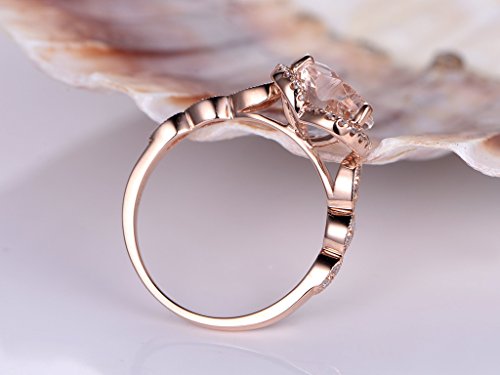 8mm Heart Shaped Cut Pink Morganite 14k Rose Gold Diamond Halo Marquise Engagement Ring Wedding Band