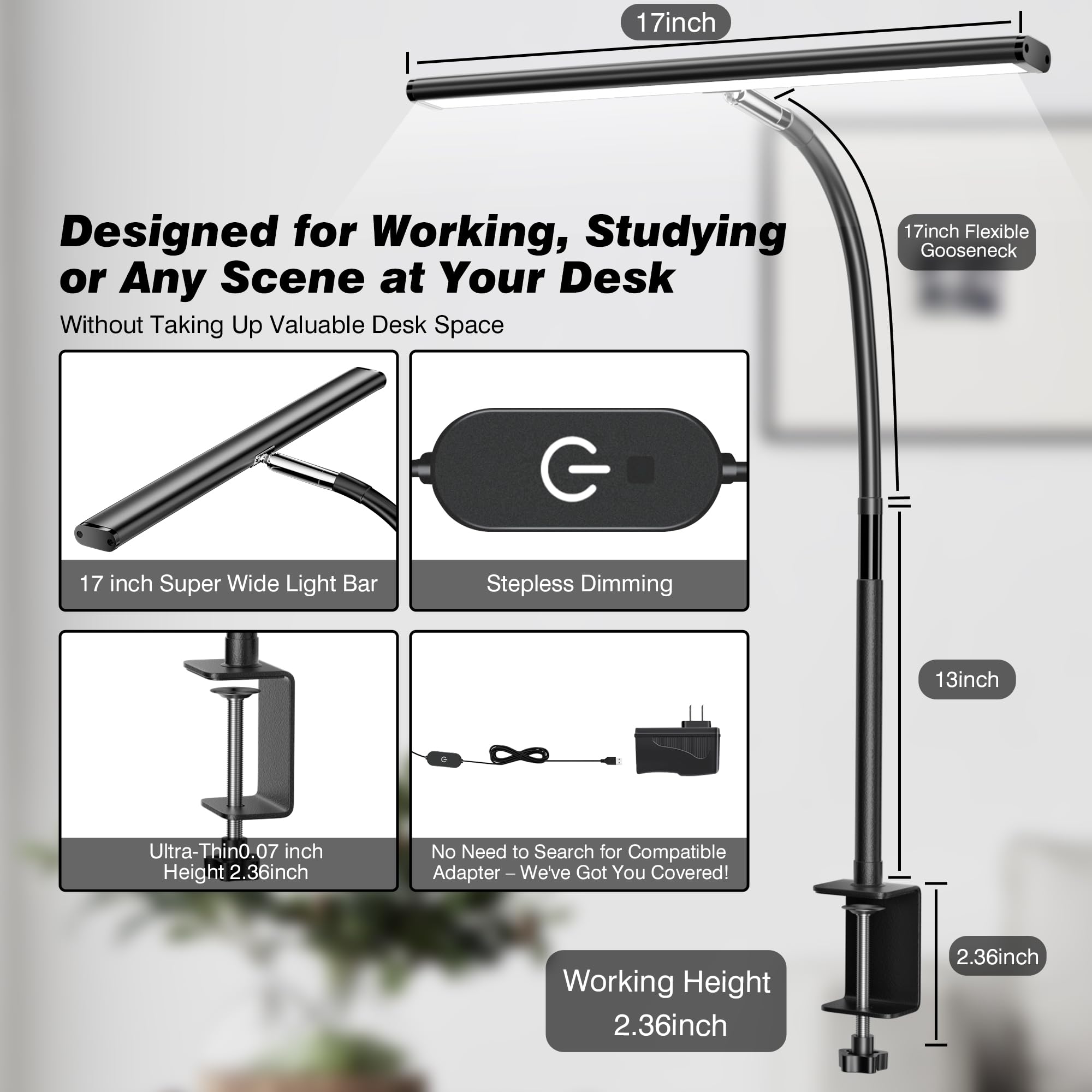 Airlonv LED Desk Lamp for Office Home, Eye-Caring Desk Light with Stepless Dimming Adjustable Flexible Gooseneck, 10W USB Adapter Desk Lamp with Clamp for Reading, Study, Workbench (Black)