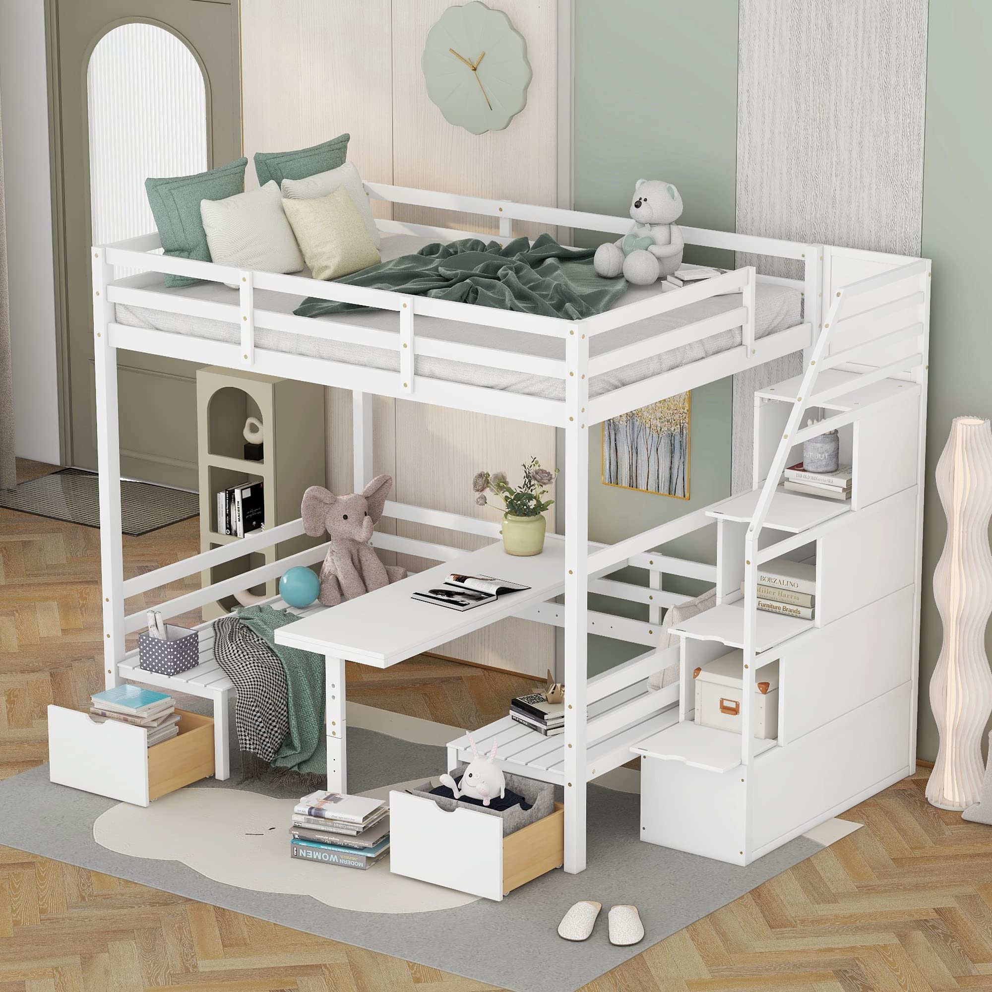 MERITLINE Full Loft Bed with Stairs and Desk, Wooden Full Loft Bed with Desk, Bunk Bed Full with Convertible Seats and Table Set Underneath for Kids Girls Boys Teens,White