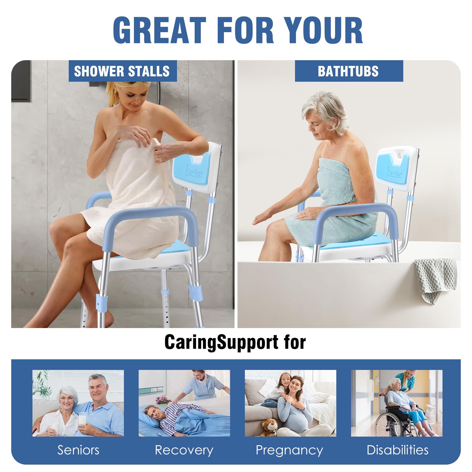 BlessReach Easily Assembled Portable Shower Chair Seat, Adjustable Shower Bench with Arms, Shower Lift Chair with Storage Bags.