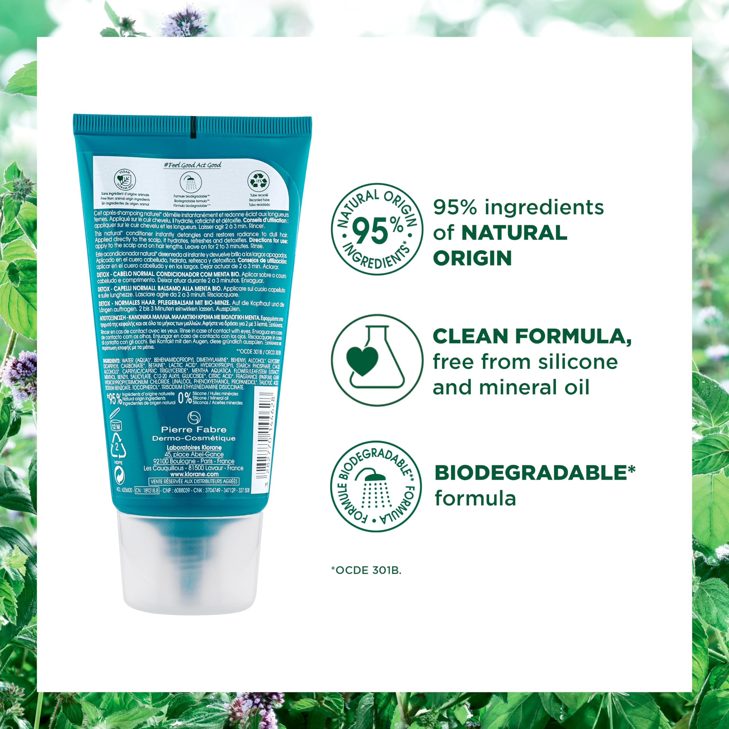 Klorane - Protective Conditioner with Aquatic Mint for Dull, Pollution Exposed Hair - Detoxifies, Protects, and Invigorates Hair - Visibly Increases Shine - Silicone Free - 5 fl. oz.