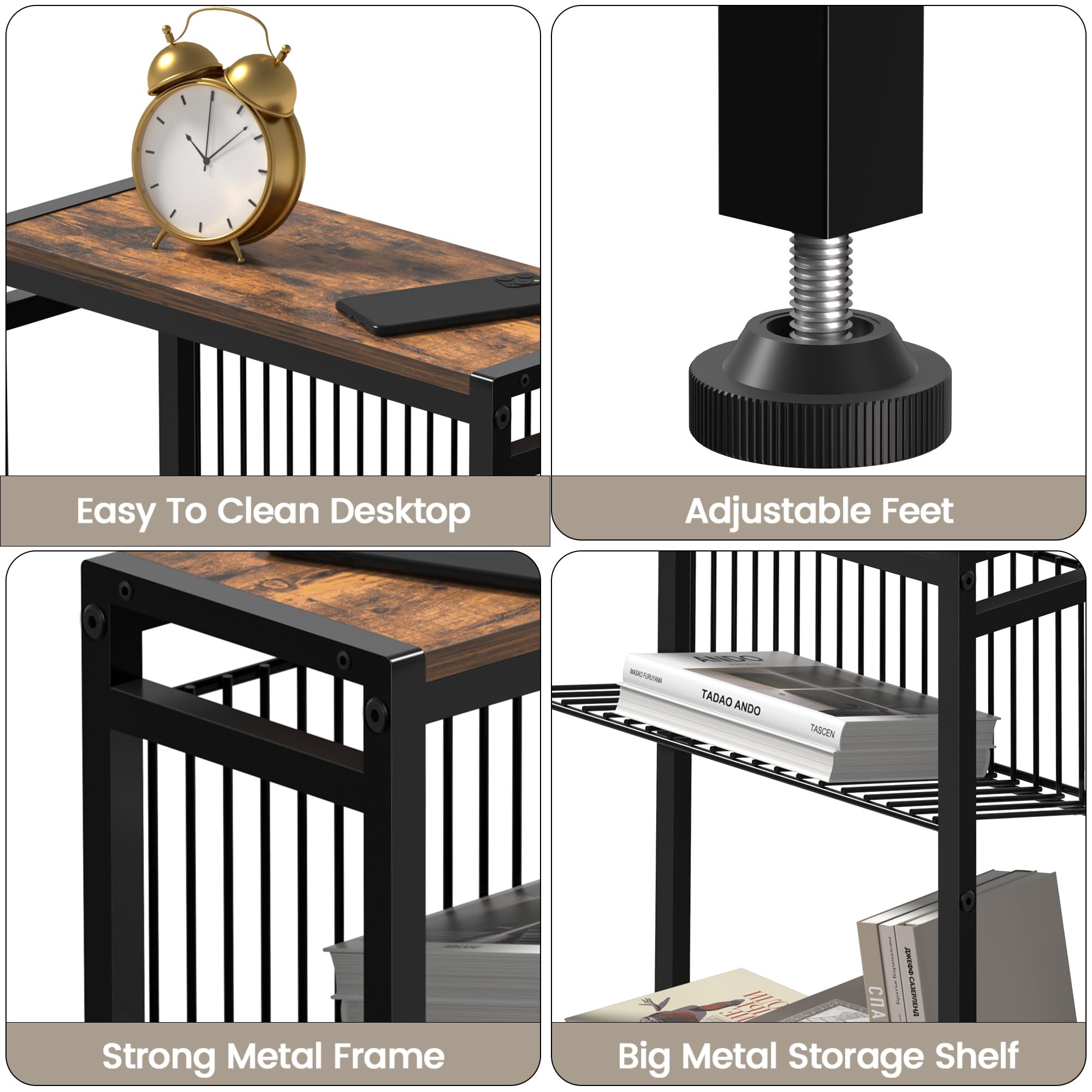 Small Side Table Set of 2 for Small Space, 3-Tier Narrow End Table with Magazine Holder, Slim Nightstand, Skinny Snack Couch Table in Living Room, Bedroom and Balcony (Rustic Brown &Black)