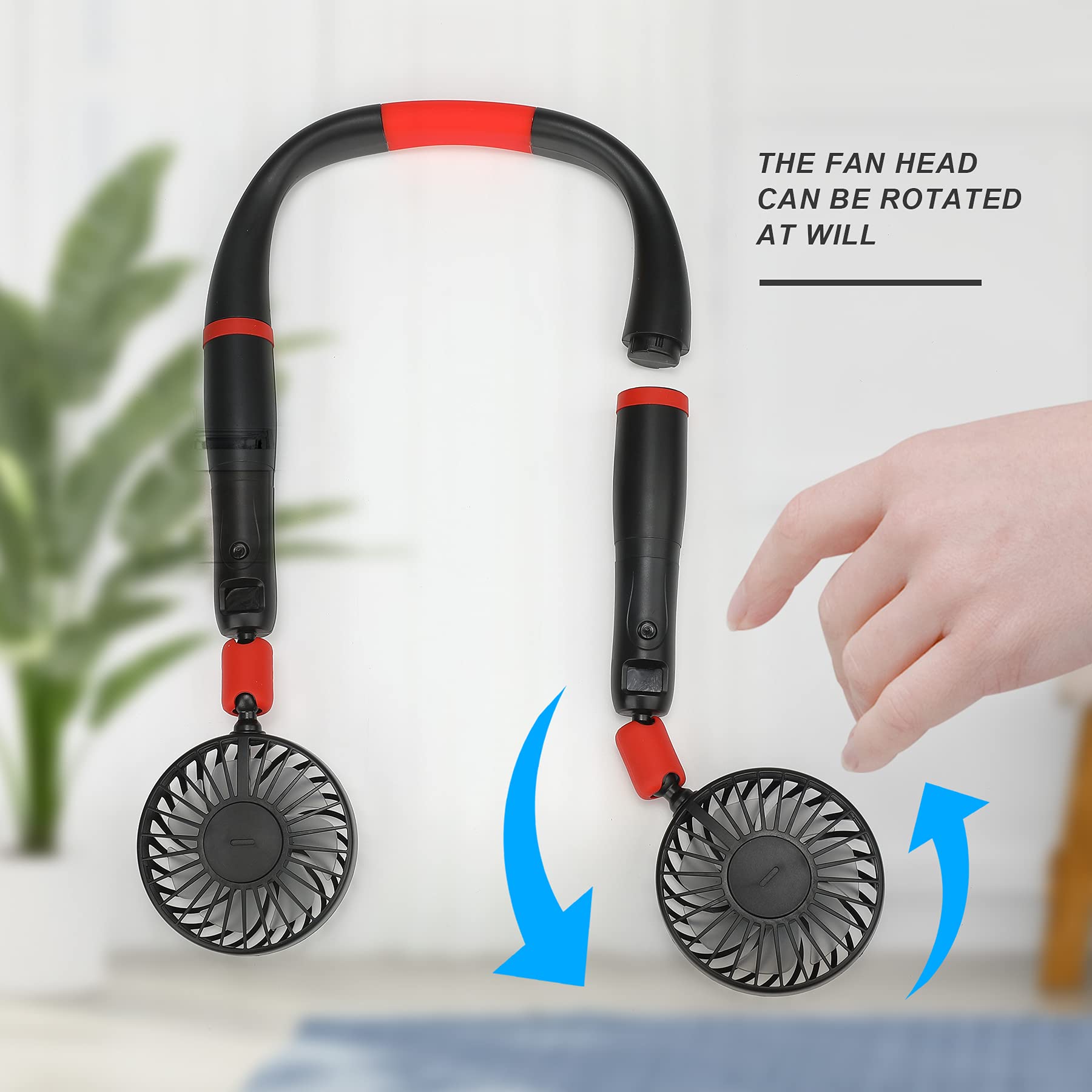 Howkes Handheld and Neck Fans, 2 in 1 Hand and Wearable Fan, 4000 mAh Battery, USB Charge, 3 Speed with Display Screen, (Black Red)