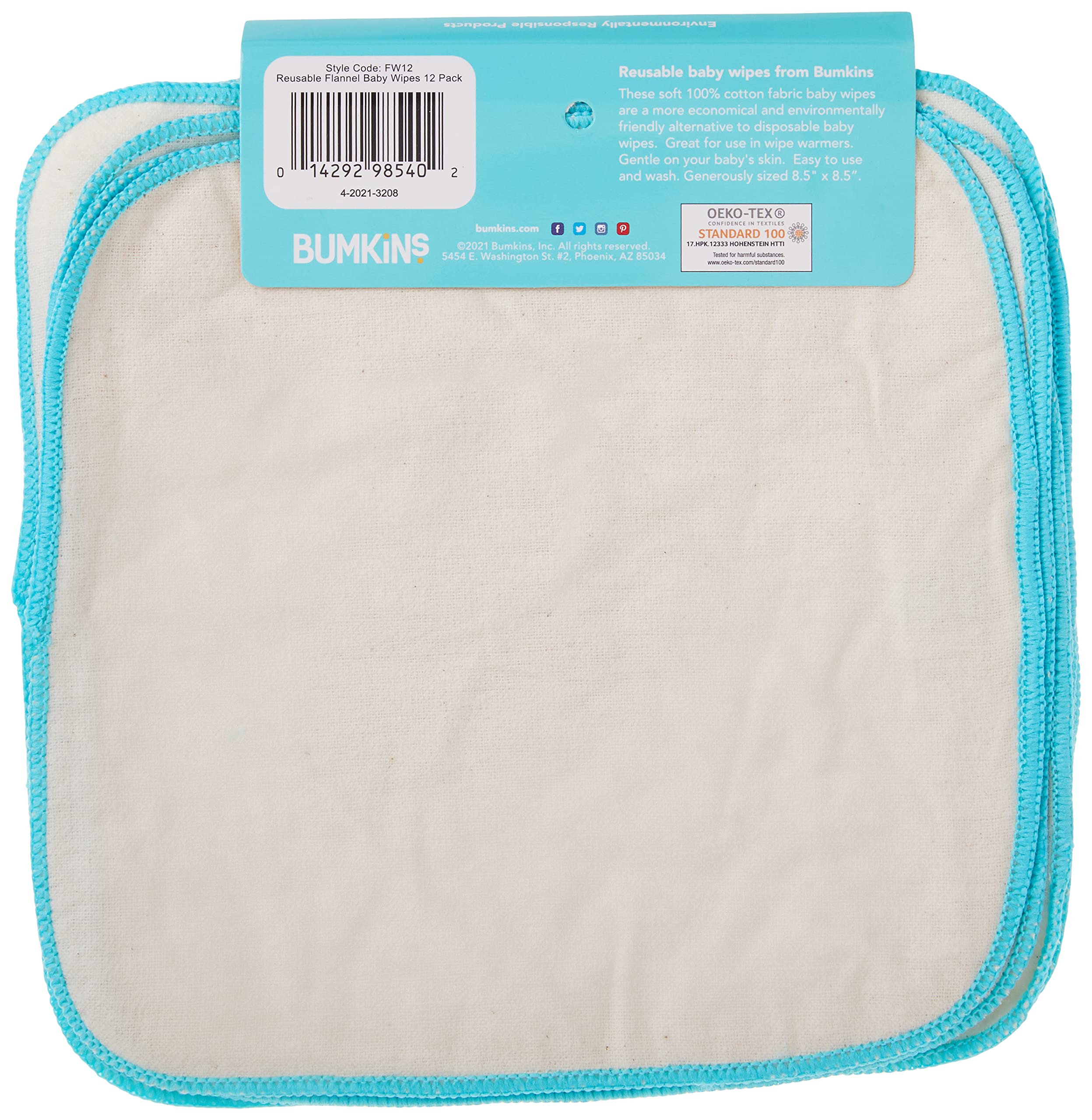 Bumkins Reusable Flannel Baby Wipes, 12 Count, Natural
