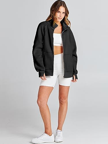 Caracilia Women's Oversized Sweatshirts Long Sleeve Zip Up Y2K Trendy Fashion Sweatshirt Jackets Pullovers Active Comfy Cute Clothes With Thumb Hole C112A0-heise-S Black