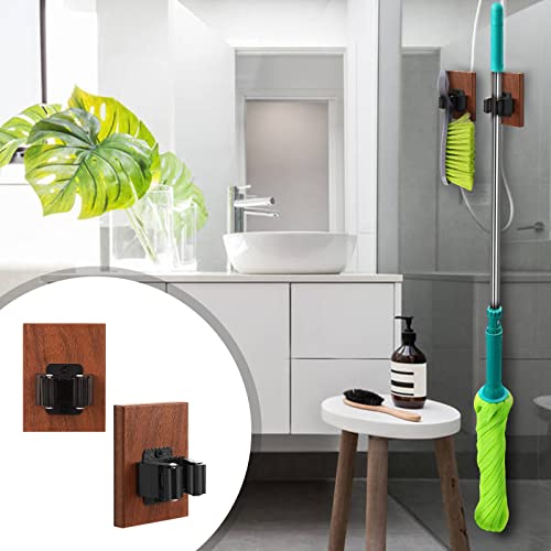 OLBET Farmhouse Mop And Broom Holder Wall Mount - Rustic Wooden Broom Organizer Wall Mount - 2 Pack - Classical Heavy Duty Storage Garden Tool Organizer Wall Hanger - Walnut Grain