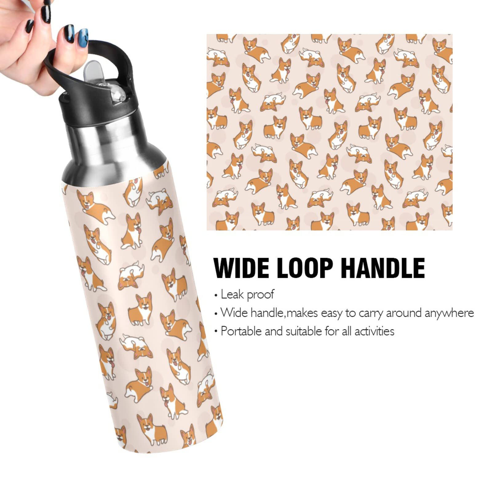 ALAZA Cute Little Corgi Dogs Water Bottle with Straw Lid Vacuum Insulated Stainless Steel Thermo Flask Water Bottle 32oz