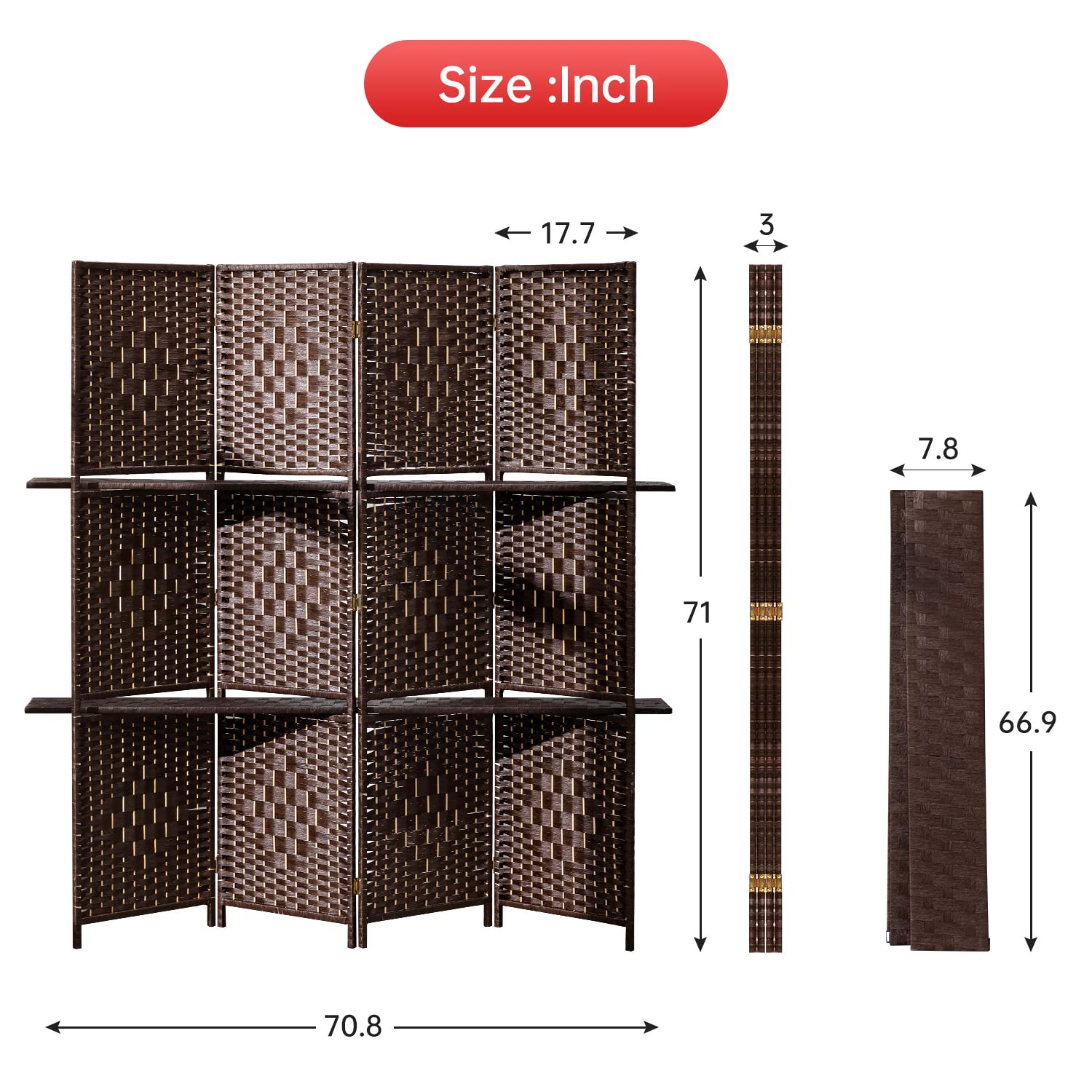 Room Divider 4 Panels Wood Frame Foldable Portable Separator Screen Folding Wall Dividers with Removable Storage Shelves for Home Living Room,Brown