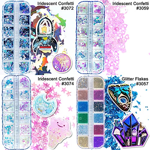 Iridescent Glitters, Holographic Sequins, Laser Flakes, Foil Chips, Beads, Mirror Chrome Pigment Powders, Resin Jewelry Making Kit Art Craft Supplies Pack of 22-Box 264 Designs