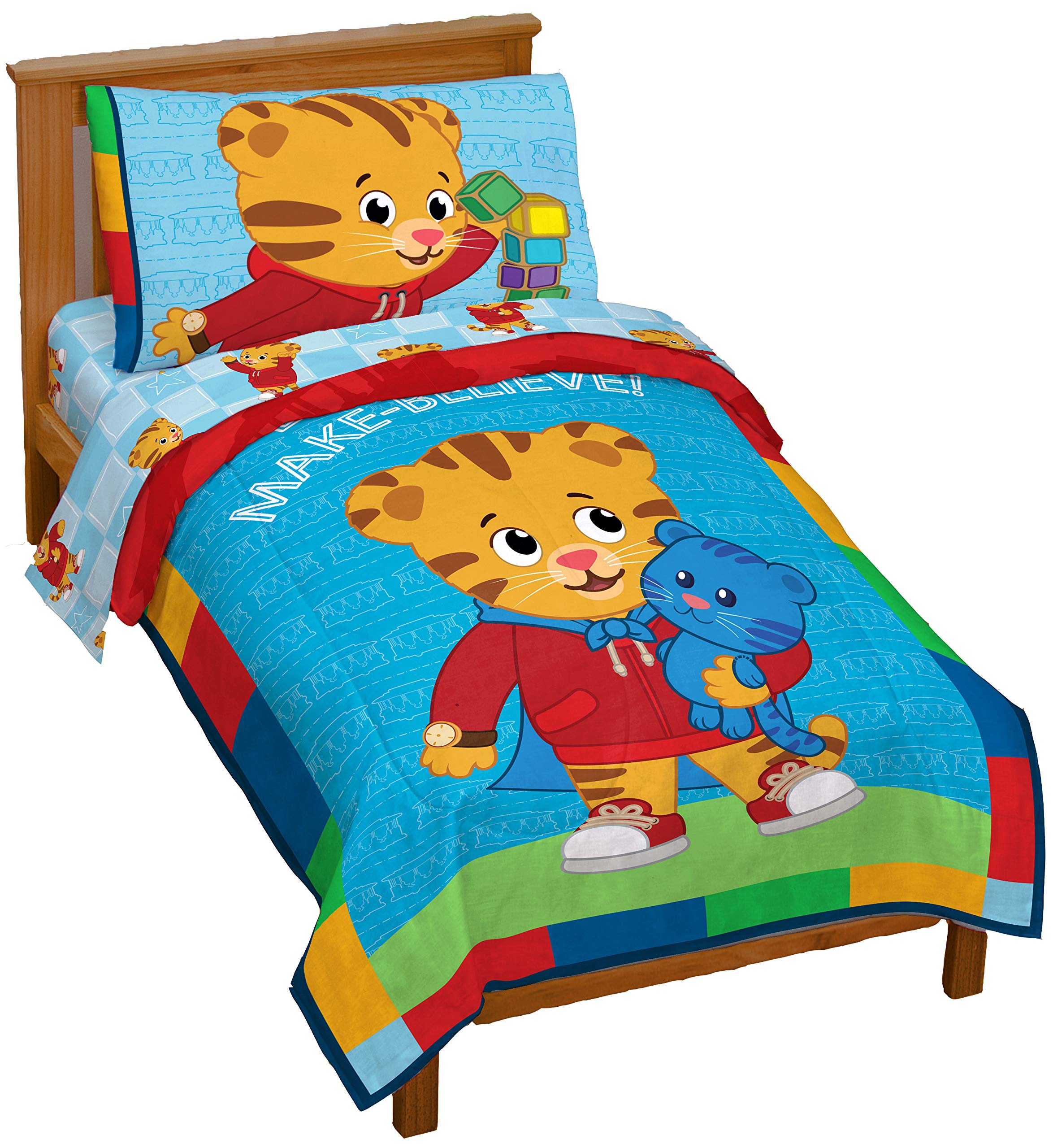 Daniel Tiger's Neighborhood Tiger Trolley 4 Piece Toddler Bed Set – Includes Comforter & Sheet Set Bedding - Super Soft Fade Resistant Microfiber (Official Daniel Tiger's Neighborhood Product)