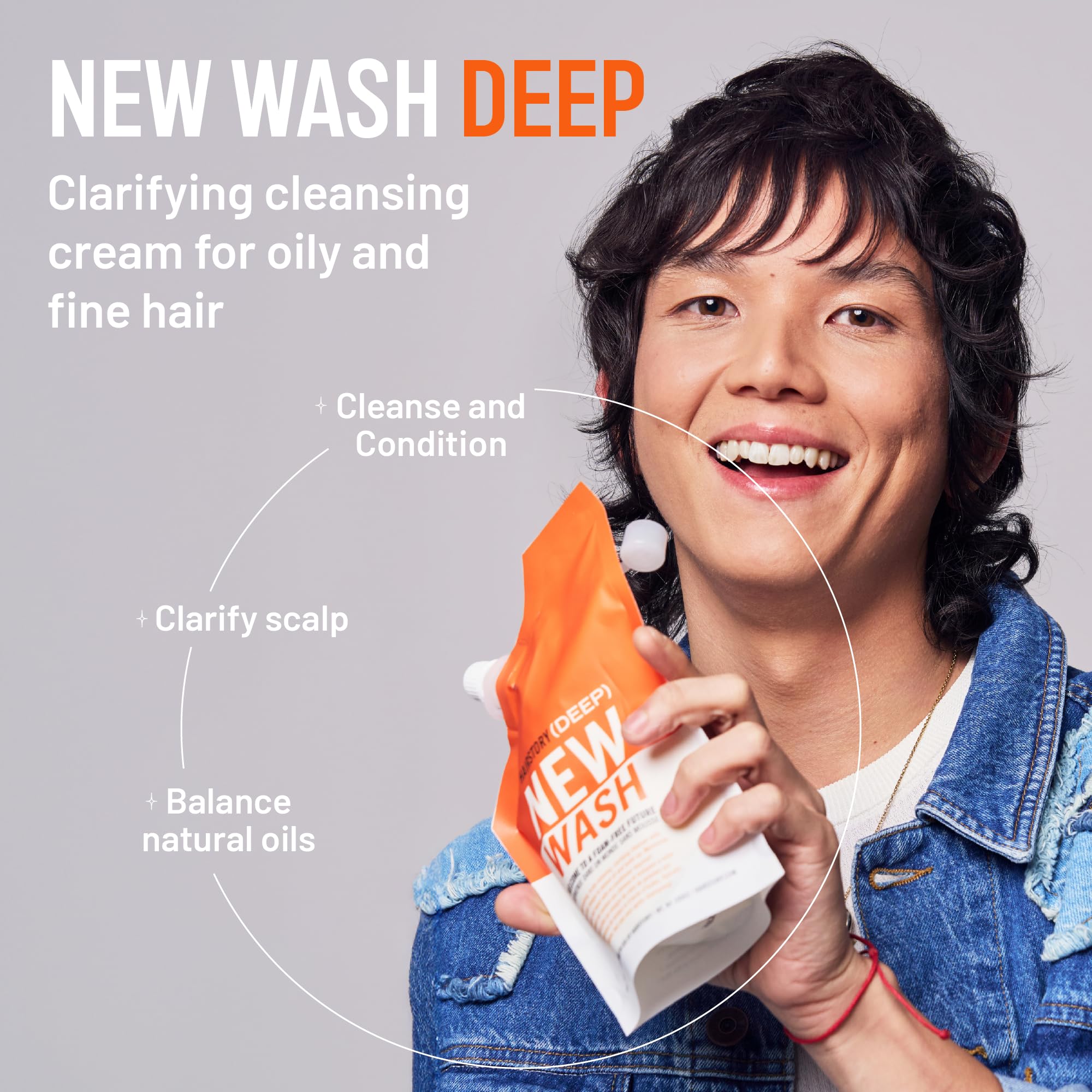 Hairstory New Wash Deep with Scalp Brush, Clarifying Cleansing Cream for Oily & Fine Hair, Shampoo & Conditioner Alternative, Removes Buildup & Restores Scalp, 8oz
