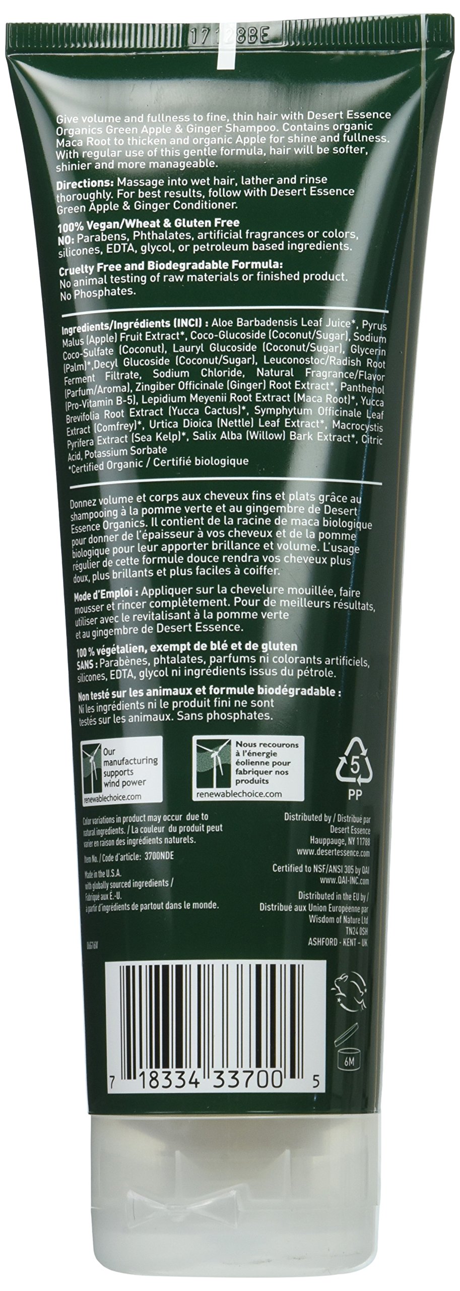 Desert Essence Green Apple & Ginger Shampoo - 8 Fl Ounce - Pack of 2 - Adds Volume, Strength & Shine - Moisturizer & Revitalizing - Coconut Oil - - Apple & Ginger Root Extract
