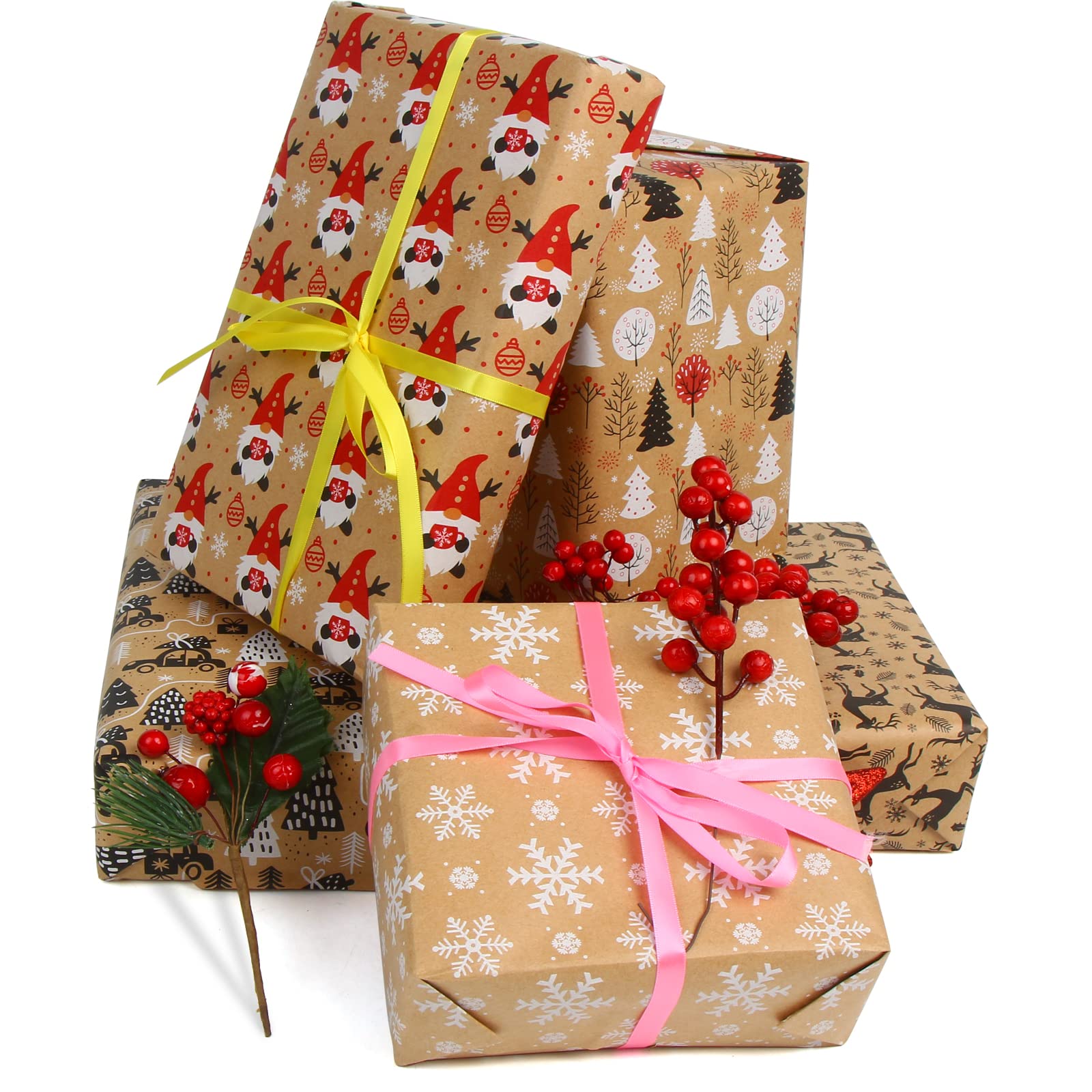 KIMOBER 5 Rolls Christmas Wrapping Paper,Brown Kraft Paper with Xmas Elements and Cut Lines on Reverse(17in × 118in Per Roll)