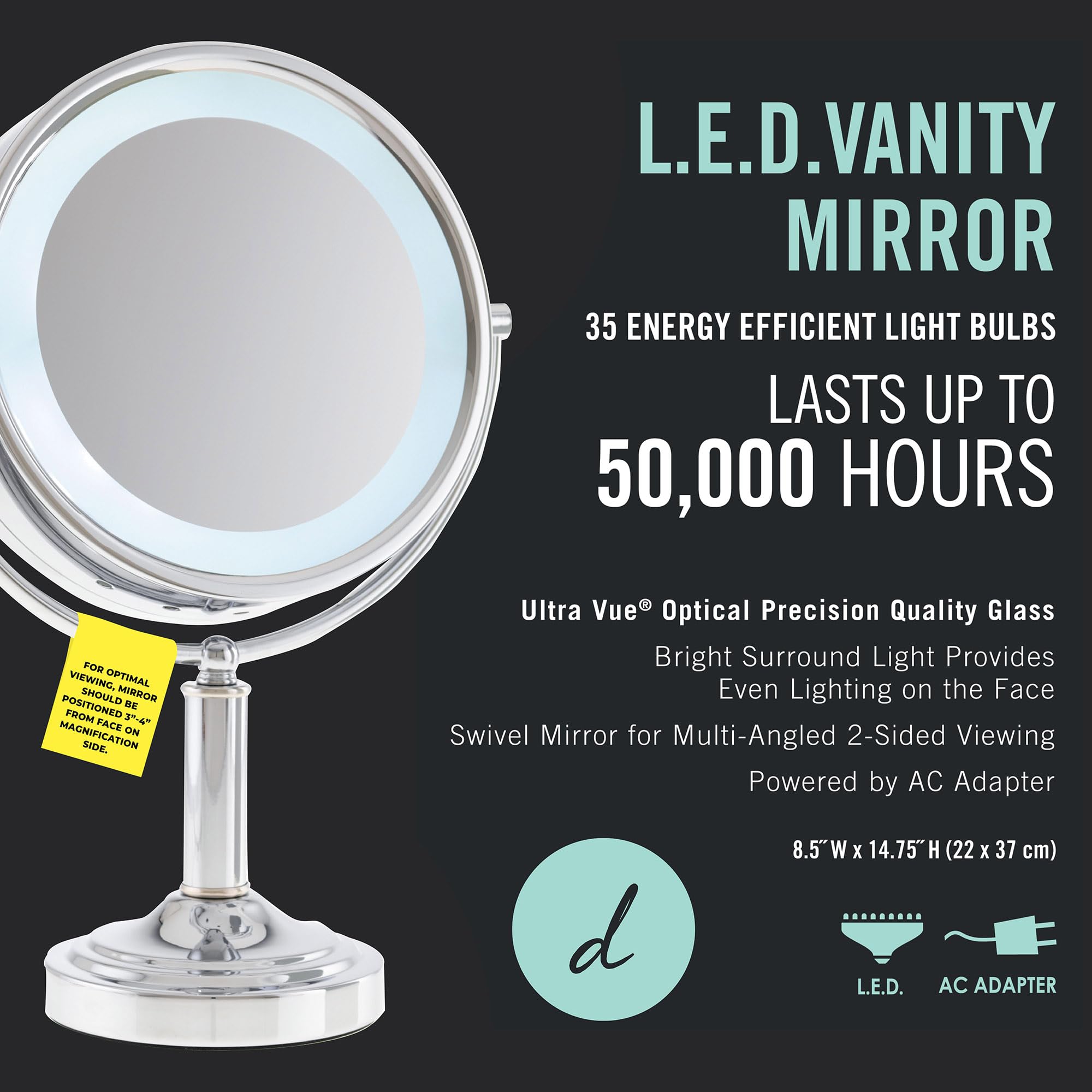Danielle Creations Professional-Grade Double-Sided L.E.D. Vanity Mirror with Strong 15X Magnification, 360-Degree Rotation, Ultra-Vue Distortion-Free True Image Reflection, Silver Chrome Finish